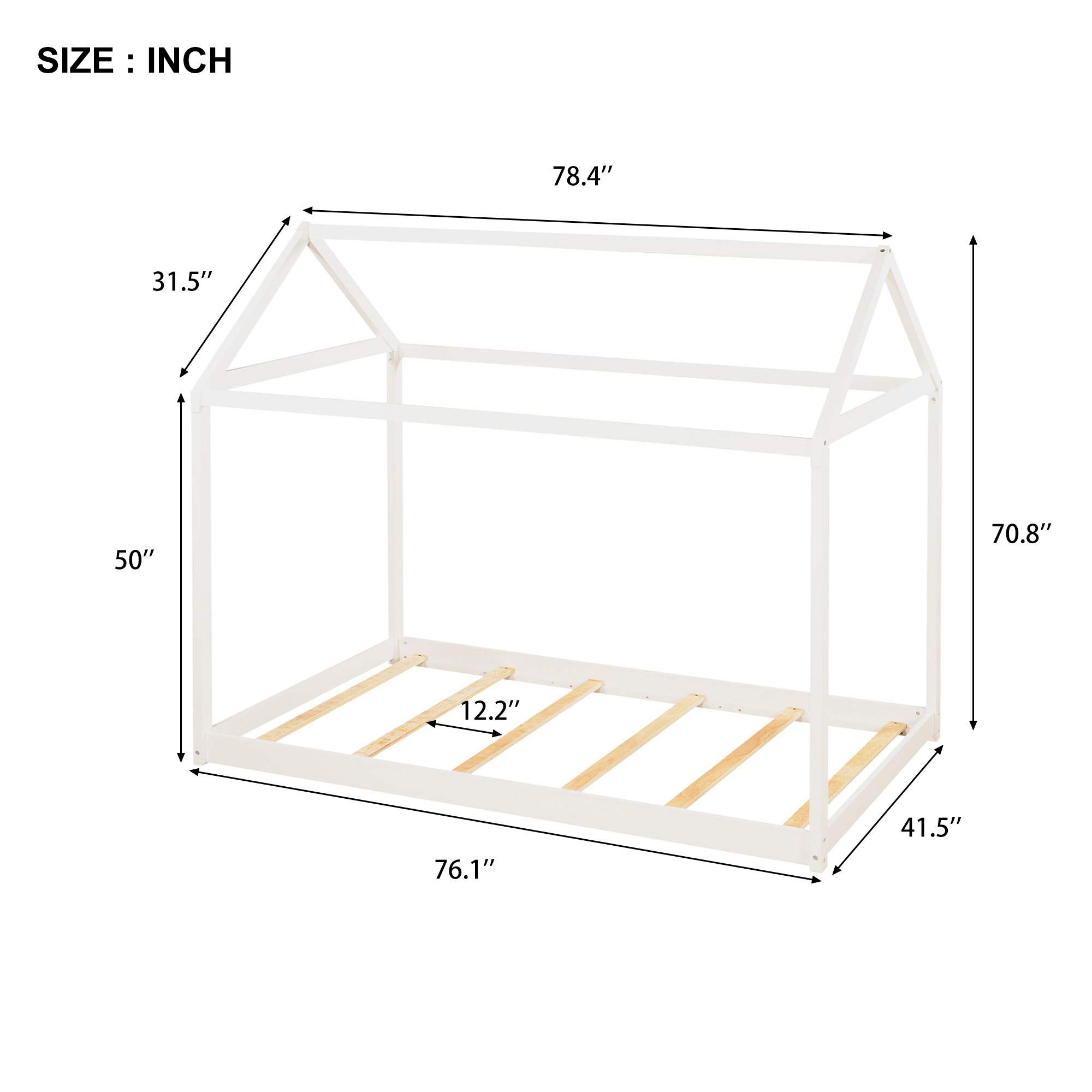 Twin Size House Bed, Wooden Daybed, Floor Bed for Toddlers, Teens, Girls, Boys, Kids House Bed Frame Can Be Decorated (White)