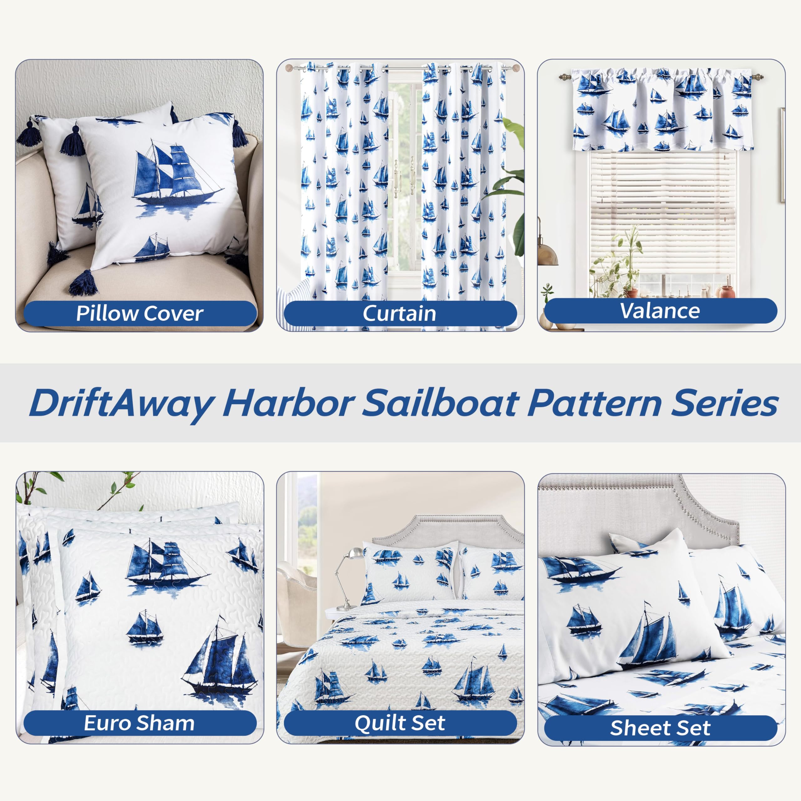 DriftAway Harbor Sailboat Ocean Print Blackout Thermal Insulated Window Curtain Valance Rod Pocket 52 Inch by 18 Inch Plus 2 Inch Header Navy