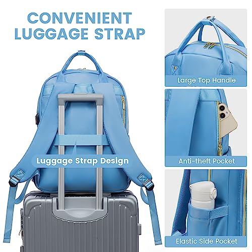 LOVEVOOK Laptop Backpack for Women, 15.6 Inch Computer Backpack for Teacher Nurse with Water Resistant, Lightweight Travel Work Backpack with USB Charging Port, Quilted Commuter Backpack, Angel Blue