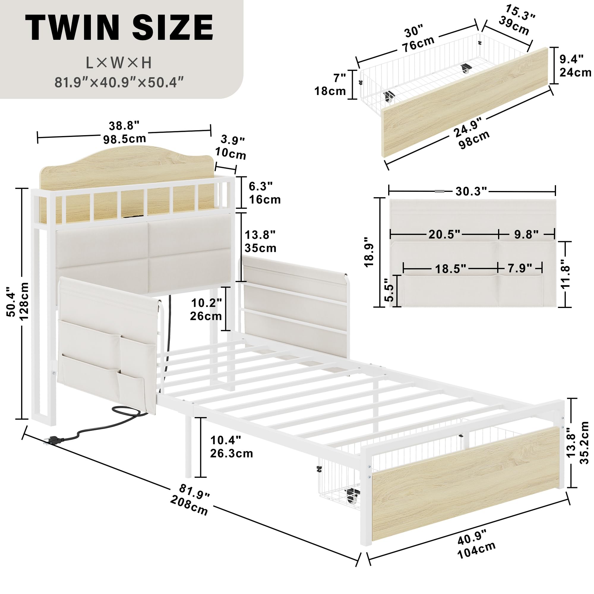 LIKIMIO Twin Bed Frame with Guardrail & Bedside Caddy, Multifunctional Headboard with Charging Station, Durable Metal Platform Bed, Noise-Free, No Box Spring Needed, White