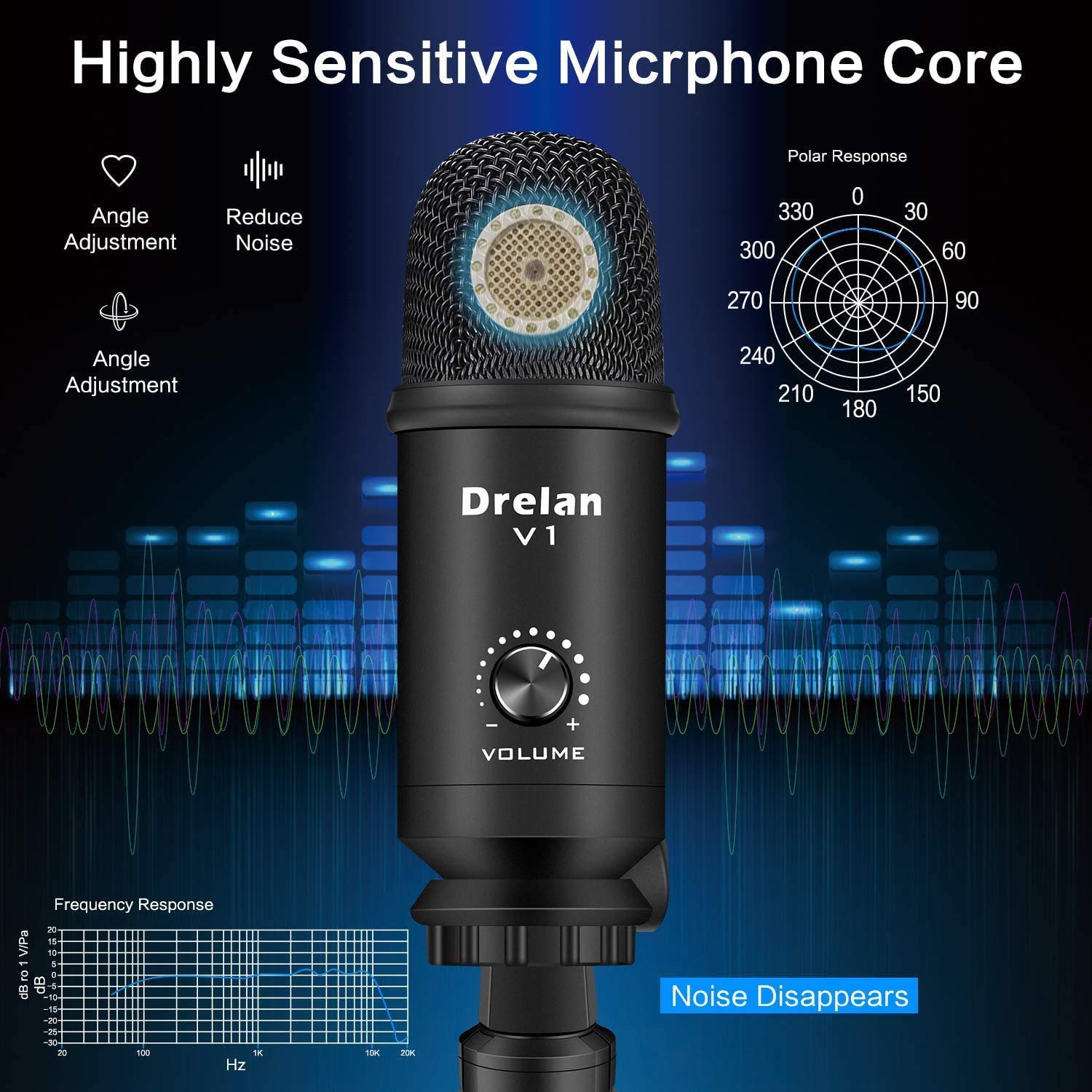 Drelan USB Microphone, Condenser Desktop Computer Mic 192KHZ/24BIT Plug & Play with Professional Sound Chipset, for PC Voice Recording,Podcasting,Skype,YouTube,Games,Google Voice Search (V-1)