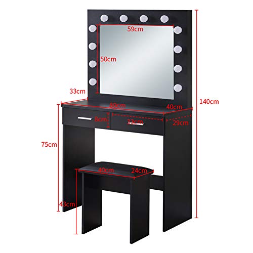 OFCASA Vanity Desk with Mirror and Lights, Vanity Set with 3 Colors Lights, Makeup Table with Mirror and Chair, Adjustable Nightstand, Solid Wood Legs, Bedroom Dressing Table (Black)