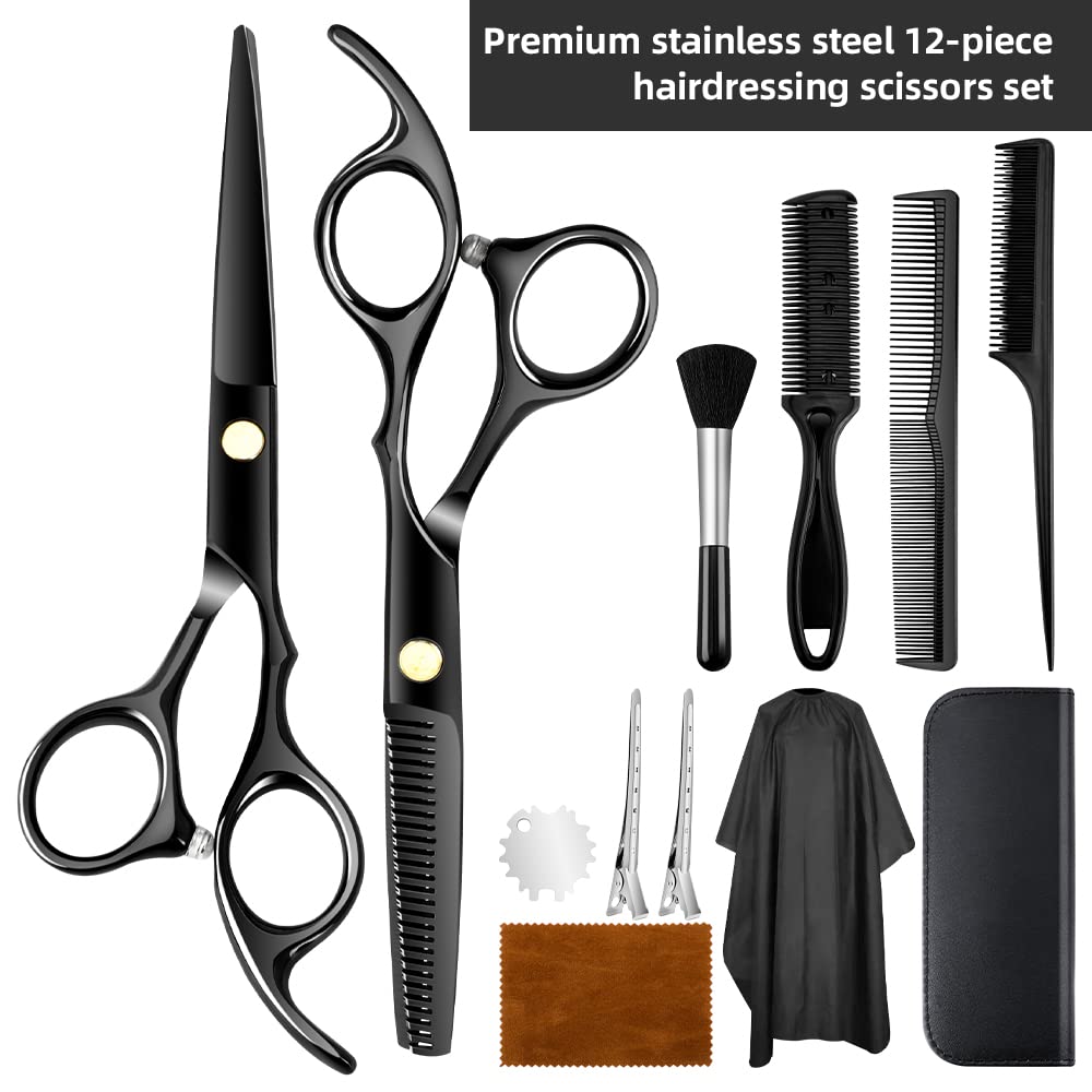 Hair Cutting Scissors Set Professional Hairdressing Scissors Kit with Straight Scissors, Thinning Scissors, Comb, Cape, Hairpin Multi Use Haircut Kit for Barber Salon and Home
