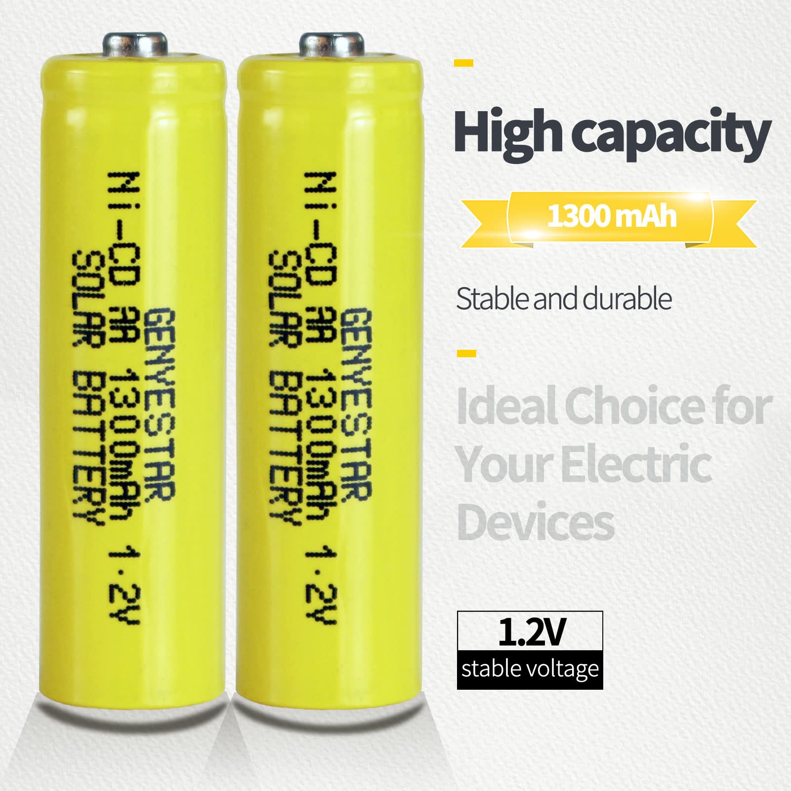GENYESTAR Rechargeable AA Batteries NICD 1.2V Double A 1300mAh High Capacity 8 Pack Pre-Charged Solar Battery for Solar Light Replacement Remotes Flashlight Electronic Toys Household Devices