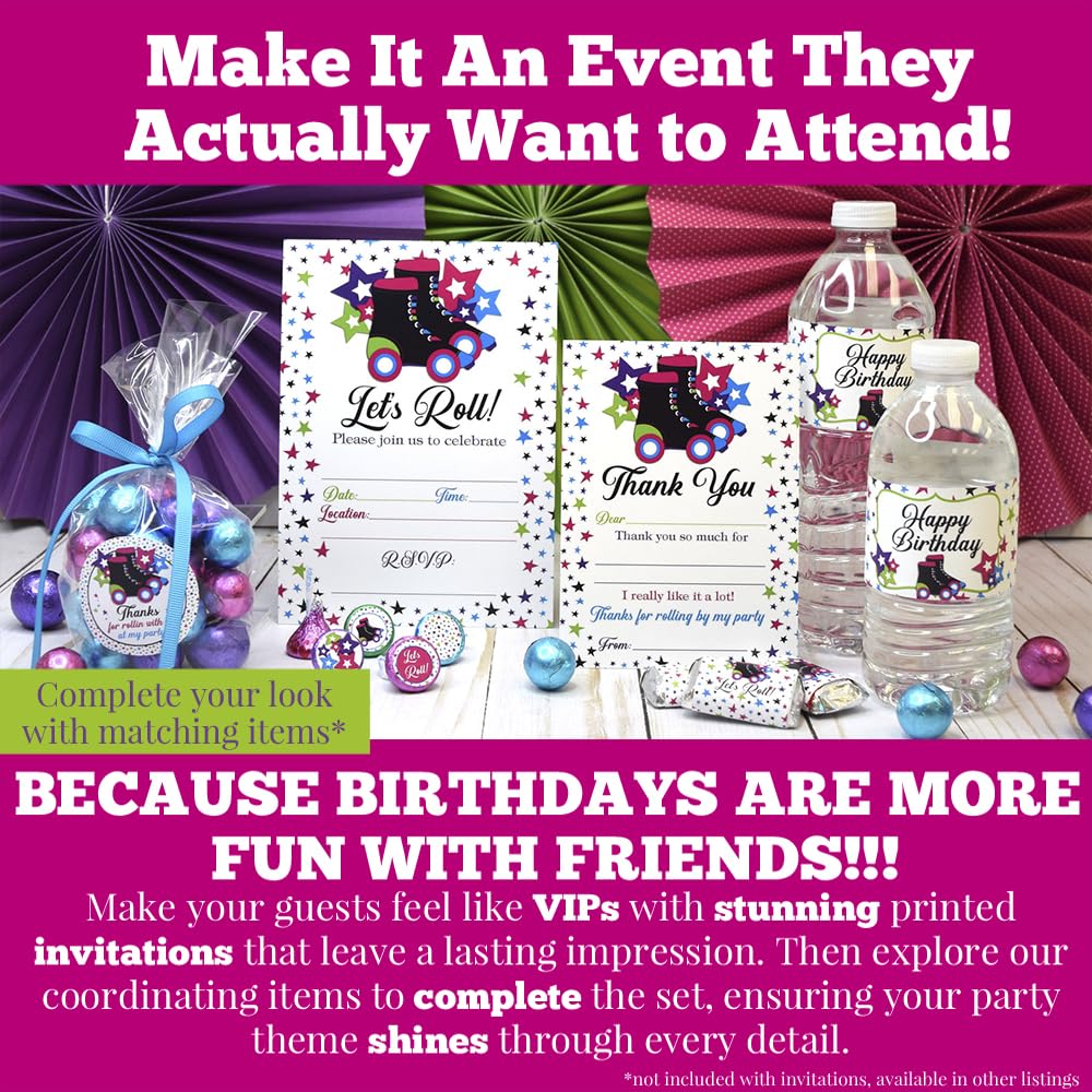 Let’s Roll Star Roller Skating Birthday Party Invitations, 20 5x7 Fill In Cards with Twenty White Envelopes by AmandaCreation