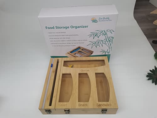 Plastic Bag Storage Organizer Bamboo - 5 in 1 Wrap Dispenser with Cutter, Suitable for Gallon, Quart, Sandwich & Snack Bag, Cling Film, Aluminum Foil etc; Compatible with 12" Kitchen Rolls