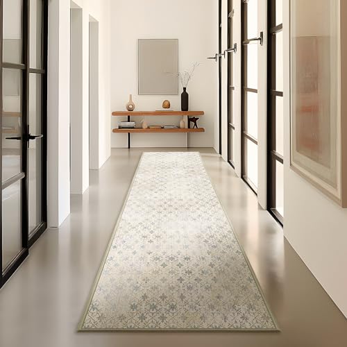 Phantoscope Hallway Runner Rug 2'x6' - Boho Washable Non-Slip Kitchen Rug Runner Ultra-Thin Geometry Distressed Accent Throw Rug for Entryway Laundry Bathroom Bedroom, Teal Floral/Beige