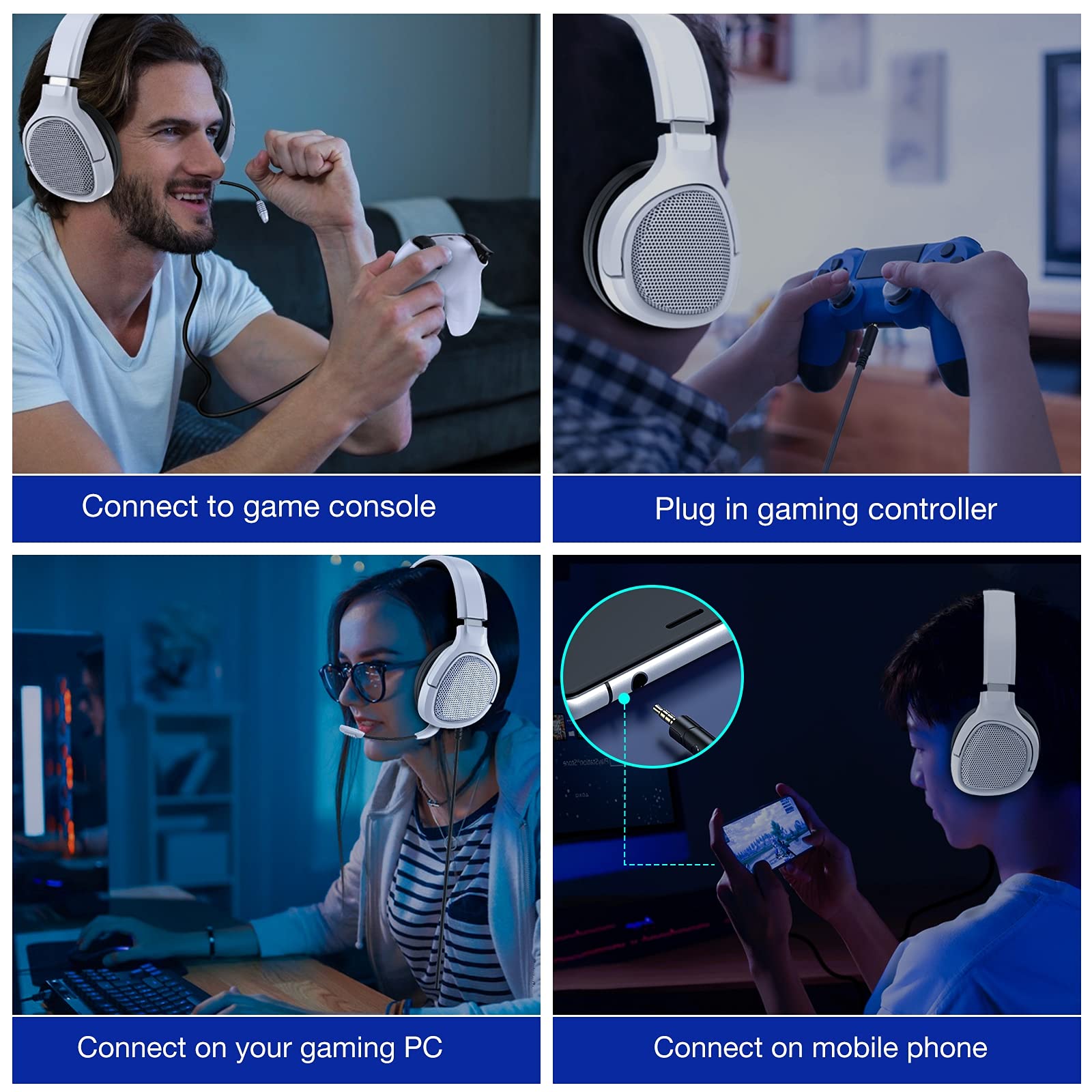 Gaming Headsets for PC Gamer with Removal Microphone, Noise Cancelling Mic, EUROA Over Ear Computer Headphones, Light Weight, Adjustable Headband, Soft Memory Foam White