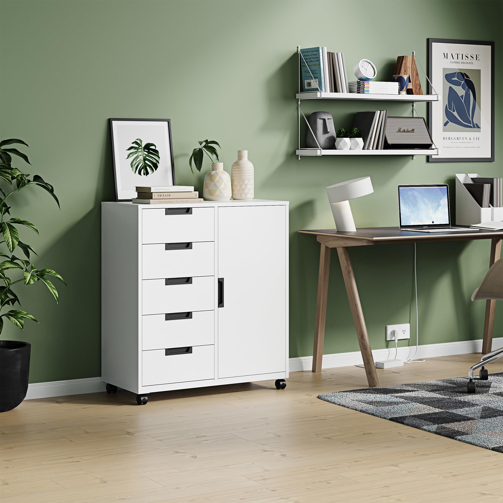 Letaya 5 Drawer Storage Cabinet, Mobile Printer Stand for Home Office,Dresser Chest with Shelves and Door(Black)
