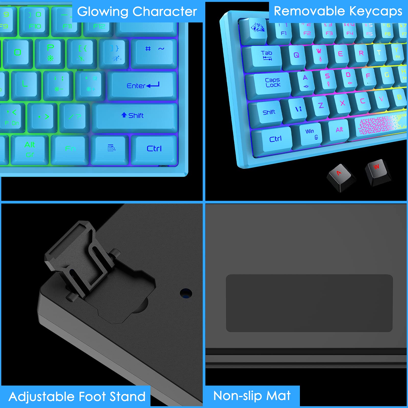 Gaming Keyboard and Mouse Combo Mini Portable with Chroma RGB Backlit Ergonomic 62Key Layout 19Key Anti-ghosting Mechanical Feel 3200DPI Honeycomb Mice USB Wired for PC Mac Gamer Laptop Typists(Blue)