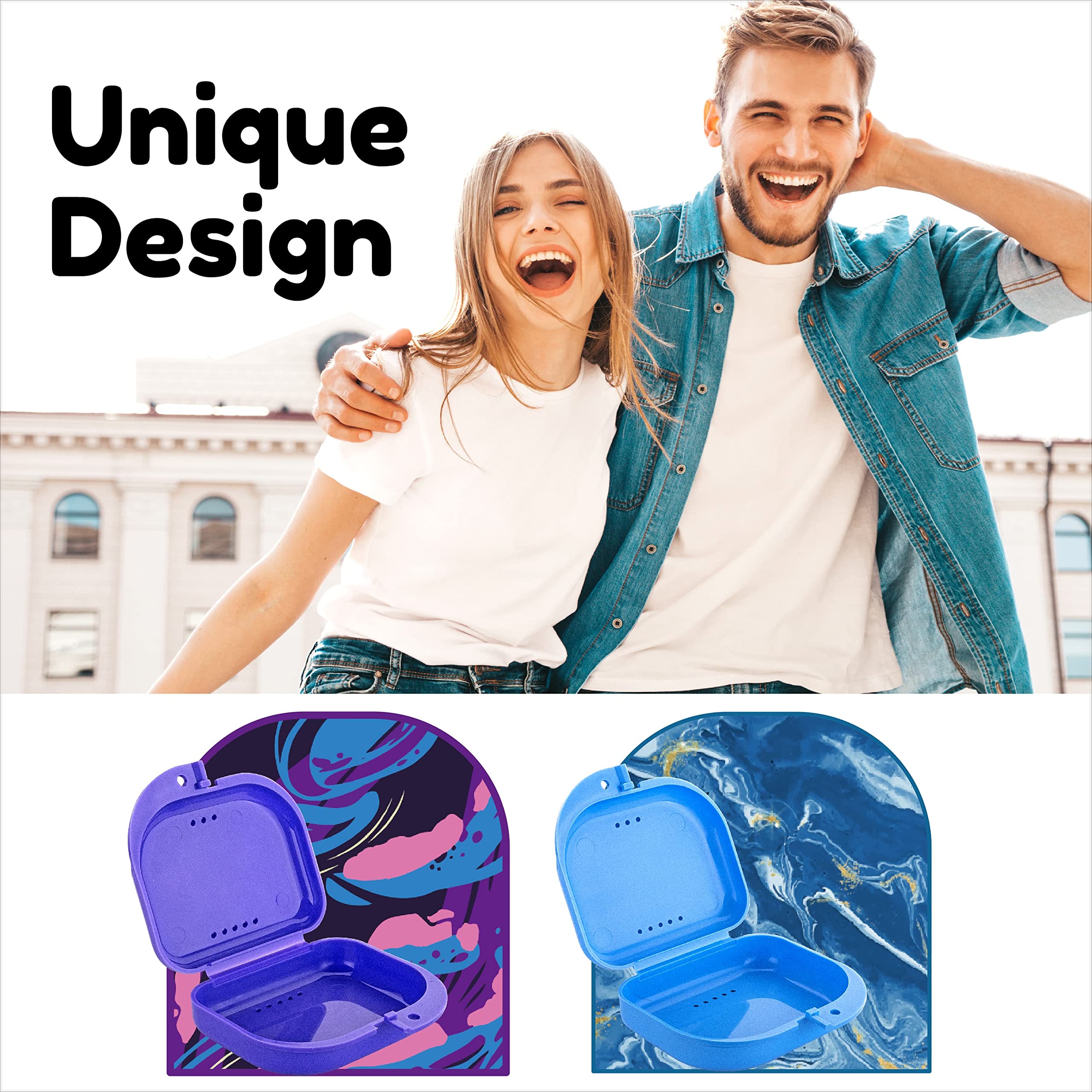 HOUSYLOVE Retainer Cases Cute, Retainer Holder Case 2 Pack, Aligner Case with Colorful Novelty Cute Patterns, Night Guard Case with Liquid Marble Patterns (Blue, Purple)