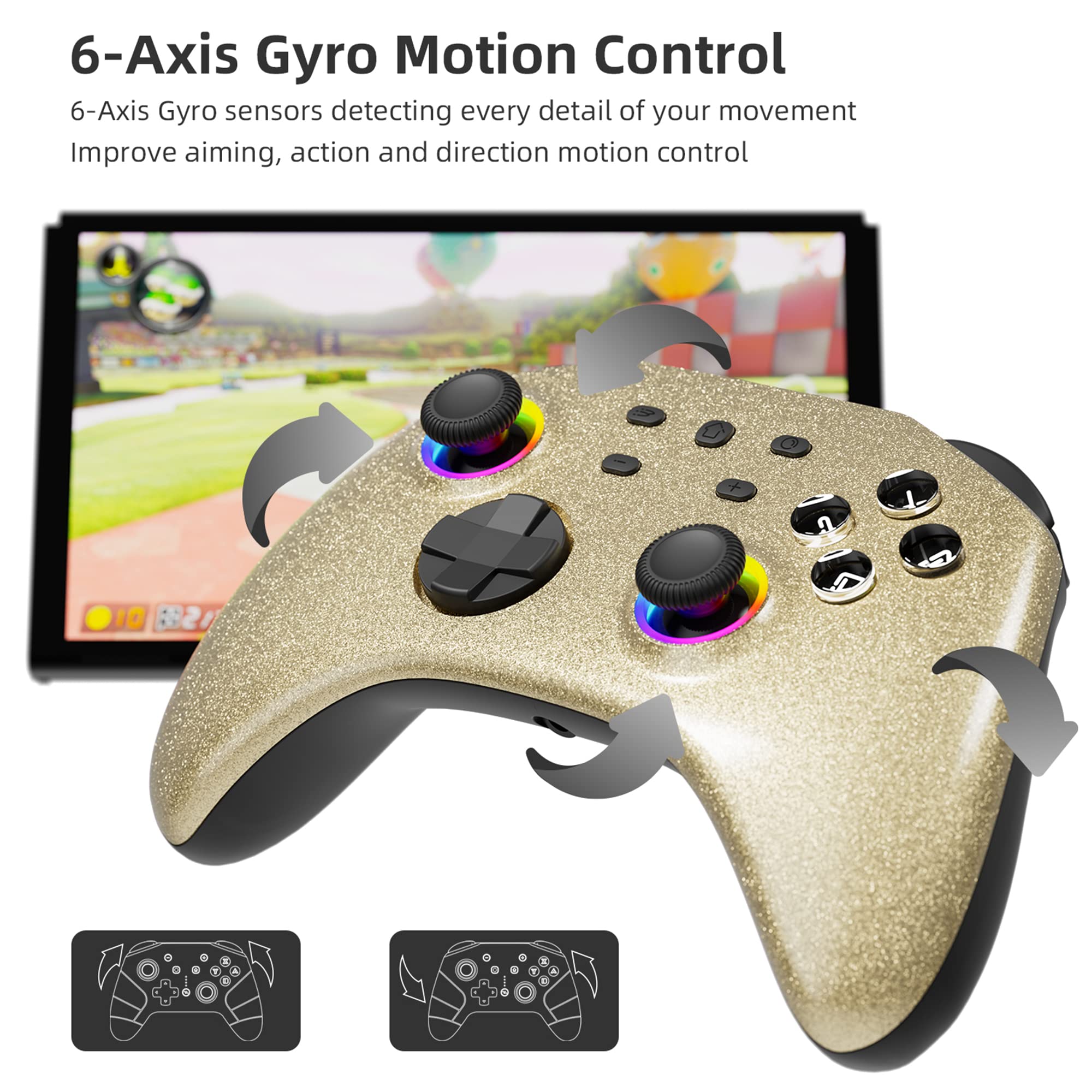Gold Wireless Switch Controller for Switch/OLED/Lite Steam Deck, Pro Controller with Turbo, Motion, Vibration, Wake-Up, Headphone Jack and Dynamic Joystick RGB Lighting, Gaming Genshin Impact