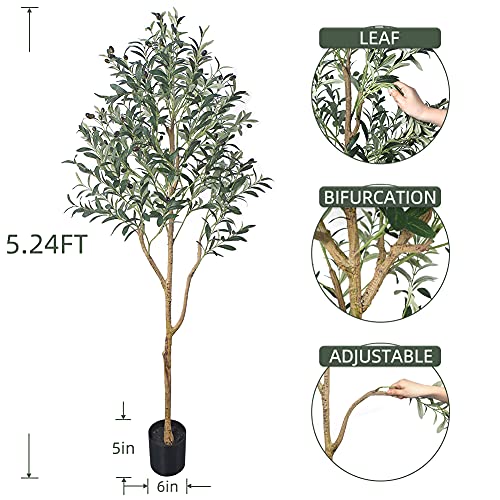 Phimos Artificial Olive Tree Tall Fake Potted Olive Silk Tree with Planter Large Faux Olive Branches and Fruits Artificial Tree for Modern Home Office Living Room Floor Decor Indoor (5.24FT)