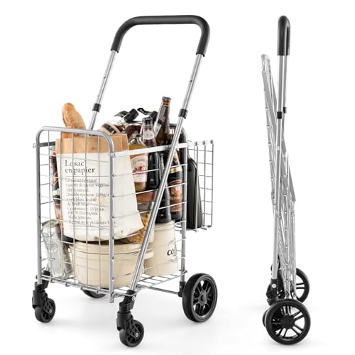 Goplus Folding Shopping Utility Cart, Double Basket and 360° Swivel Wheels, Adjustable Handle, Small Cart Perfect for Grocery Laundry Book Luggage Travel