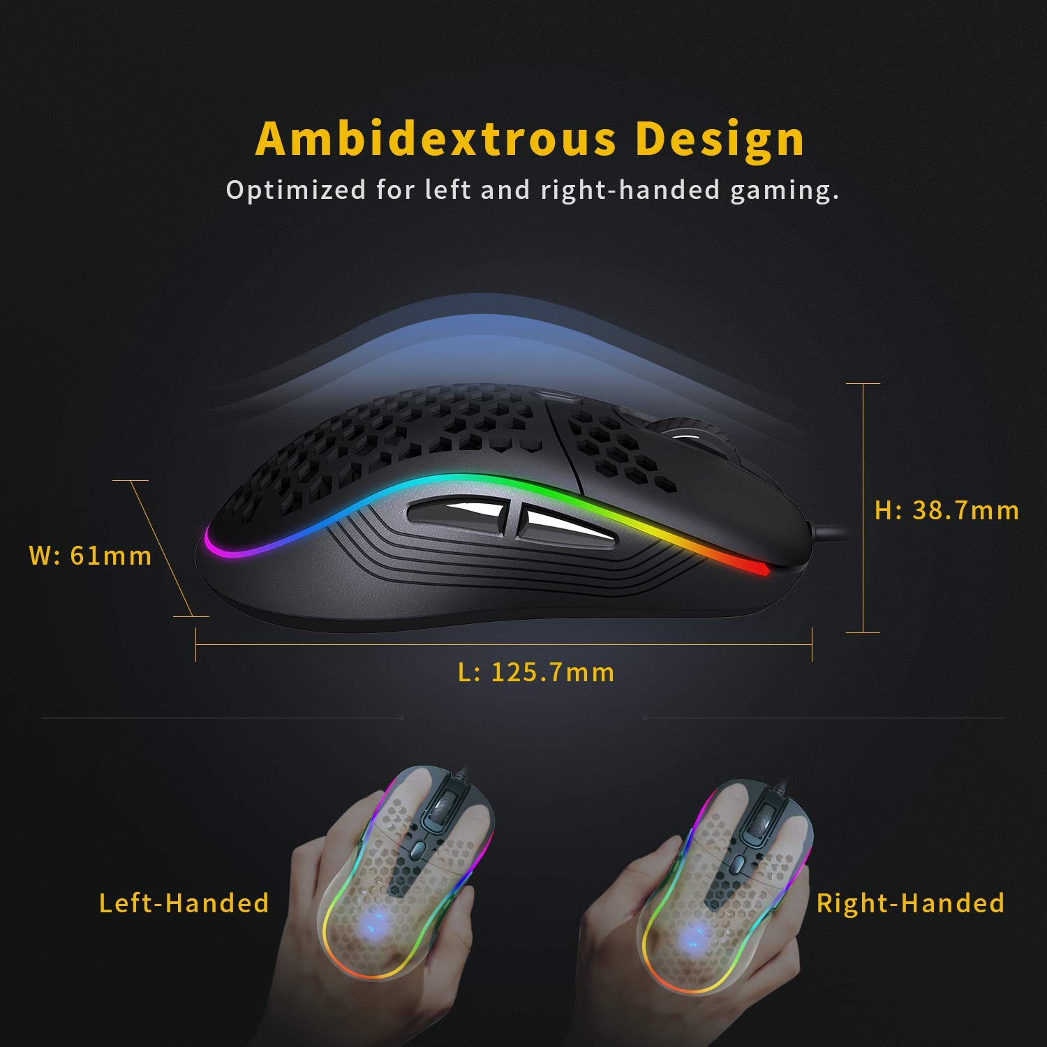 DREVO Owlet Wired RGB Lightweight Gaming Mouse, PixArt PMW3325 Max 10000 DPI, Ambidextrous Design for Left&Right Hand, 8 Programmable Buttons, Honeycomb Shell with Ultra-Weave Cable