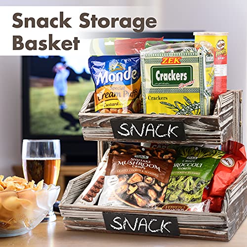 Rustic Fruit Basket Holder, 2 Tier Wood Fruit Stand with Chalkboards, Countertop Fruit and Vegetable Storage for Farmhouse Kitchen, Wooden Fruit Bowl for Vegetable Bread Snacks