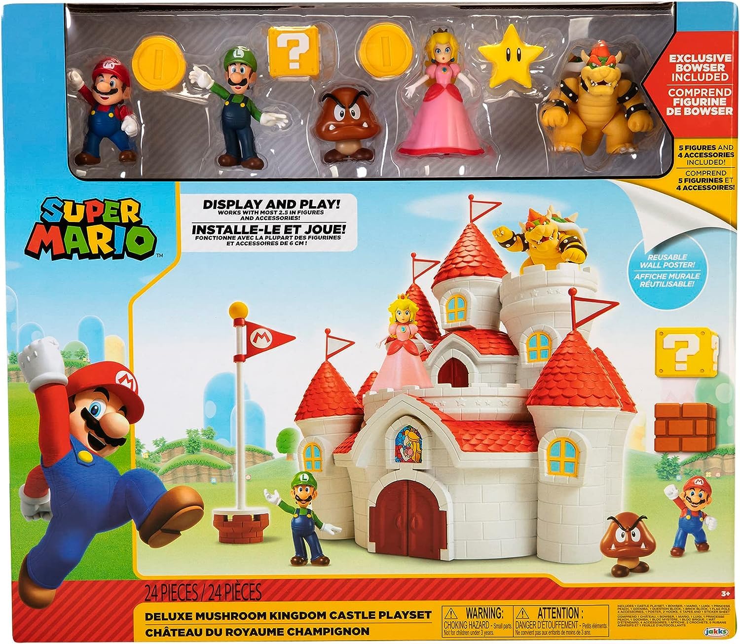 Super Mario Nintendo Deluxe Mushroom Kingdom Castle, Wall Display & Playset with (5) 2.5" Articulated Action Figures (Exclusive Bowser Figure, Princess Peach, Mario, Luigi & Goomba)