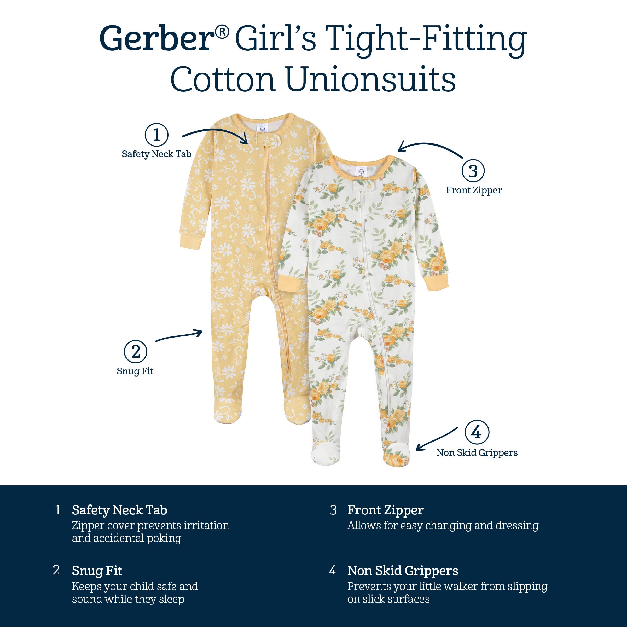 Gerber Baby Girl's 4-Pack Footed Pajamas, Roses and Fox, 2T