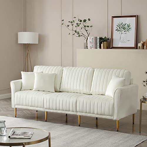 KIVENJAJA Velvet 3-Seater Sofa Couch, Modern Channel Tufted 3 Seat Couches with 2 Pillows & Gold Metal Legs for Living Room Bedroom Apartment, 78âW (Beige)
