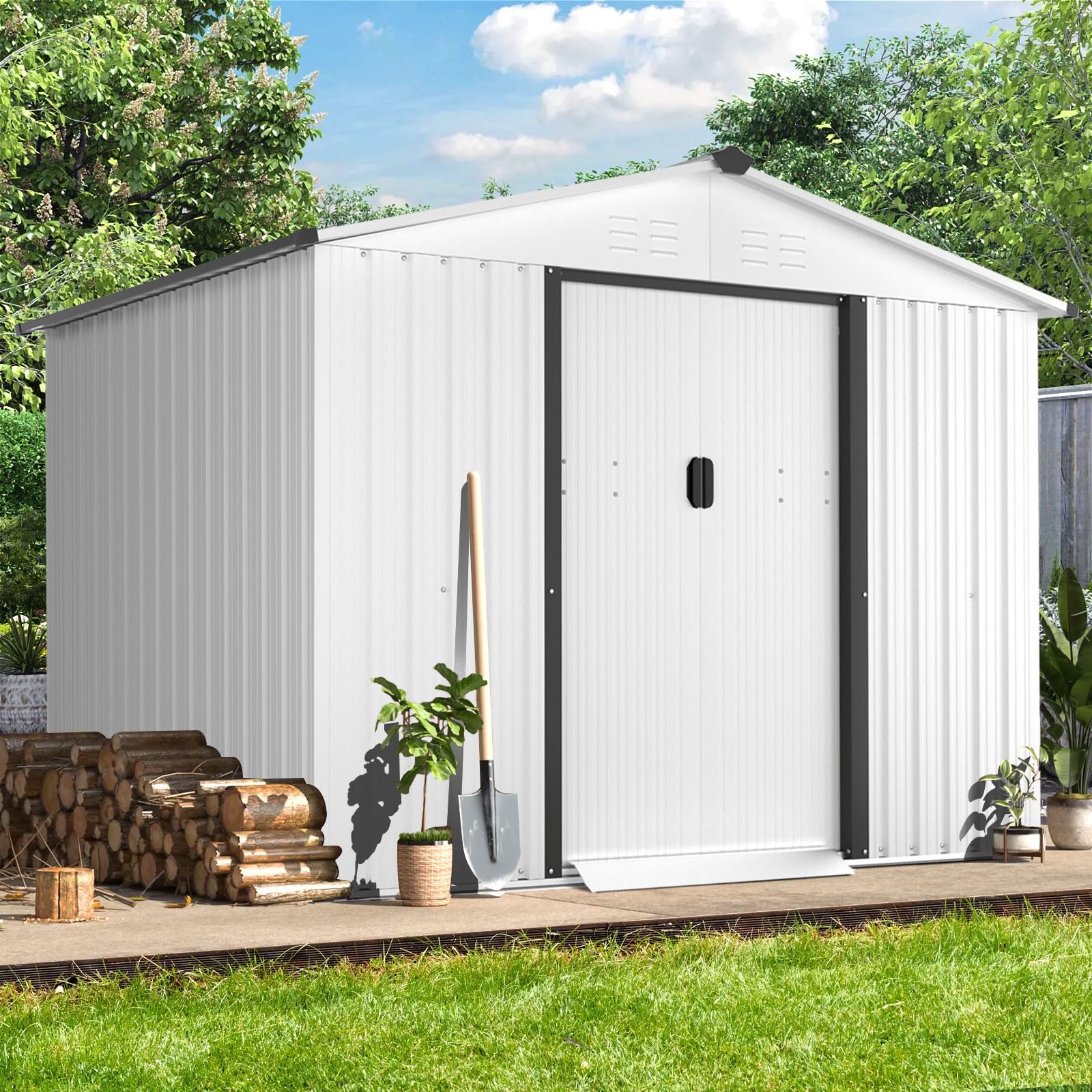 Patiomore 4×6 FT Outdoor Storage Shed Tool House Garden Steel Shed Walk-in, White