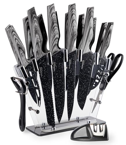 nuovva Professional Kitchen Knife Set with Block - Granite 18 Pcs with Knives Sharpener Peeler and Scissors - Clear Acrylic Block High Carbon Stainless Steel Blades Wood Affect Handle