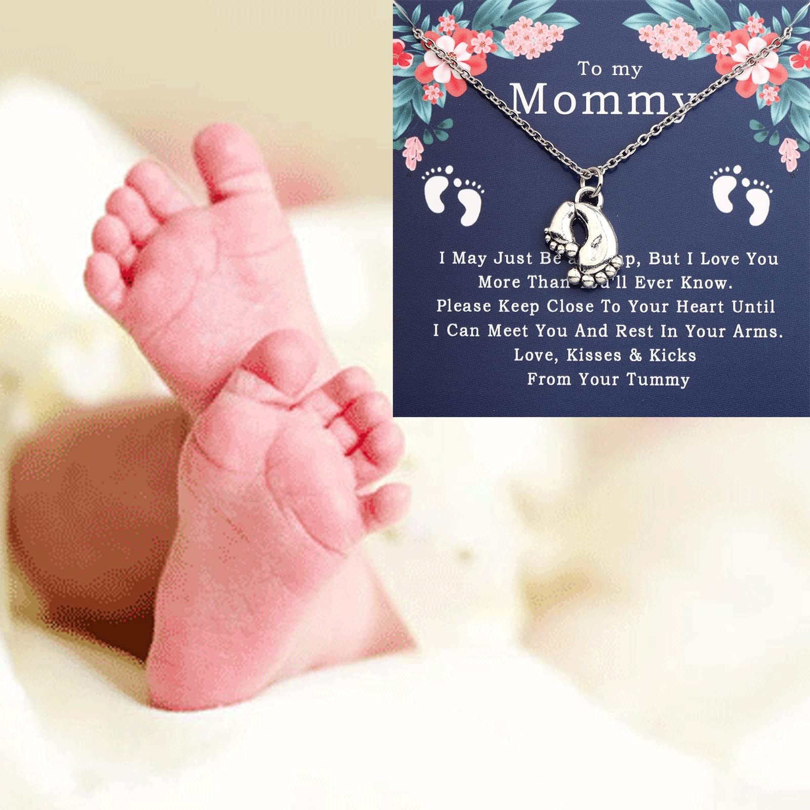 WSNANG First Time Mom Pregnancy Gift Necklace with Message Card Feet Footprints Pendant Necklace for Expecting Mom (Feet Bump NL Card)