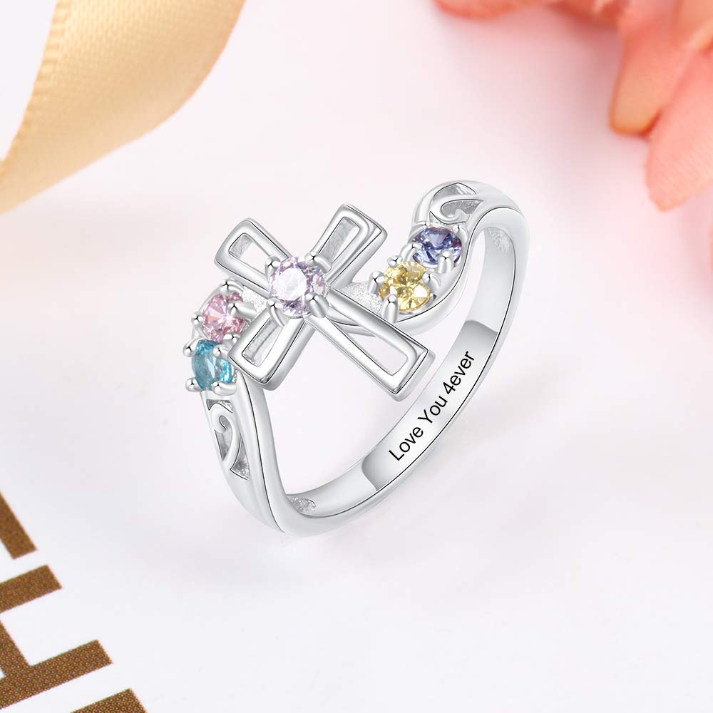 GLAMCARAT Personalized solid silver Cross ring with name and birthstones engraved ring for her religious jewelry Christian customized ring for women