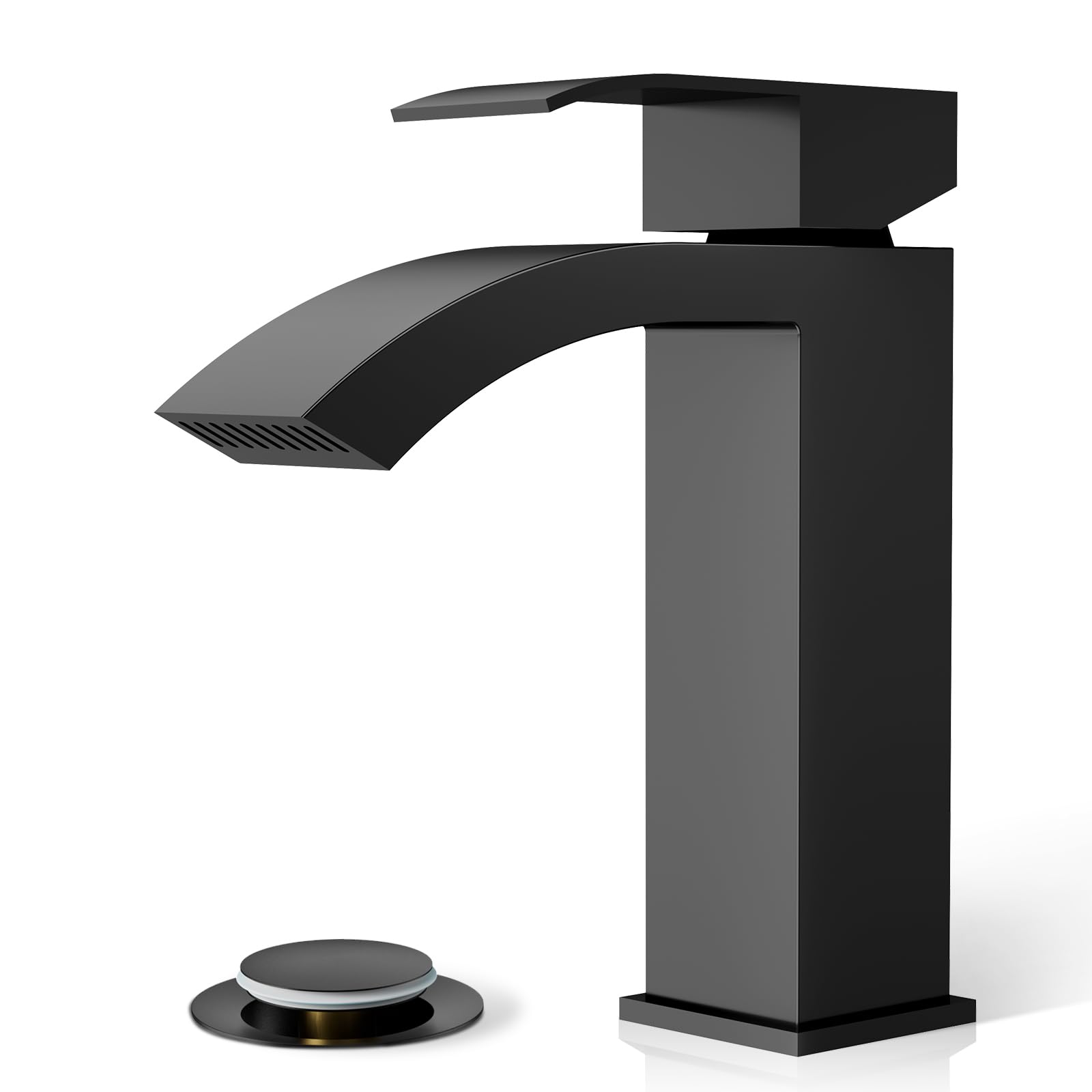 Phiestina Matte Black Waterfall Single Handle One Hole Bathroom Sink Faucet, Square Single Hole Basin Faucet with Metal Pop-up Drain with Overflow and Water Supply Line, BF01049-N1-MB
