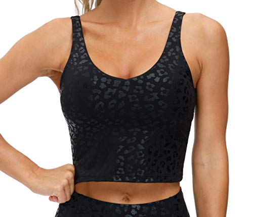 THE GYM PEOPLE Womens Leopard Longline Sports Bra Wirefree Padded Medium Support Yoga Bras Gym Running Workout Tank Tops (Black Leopard, X-Large)