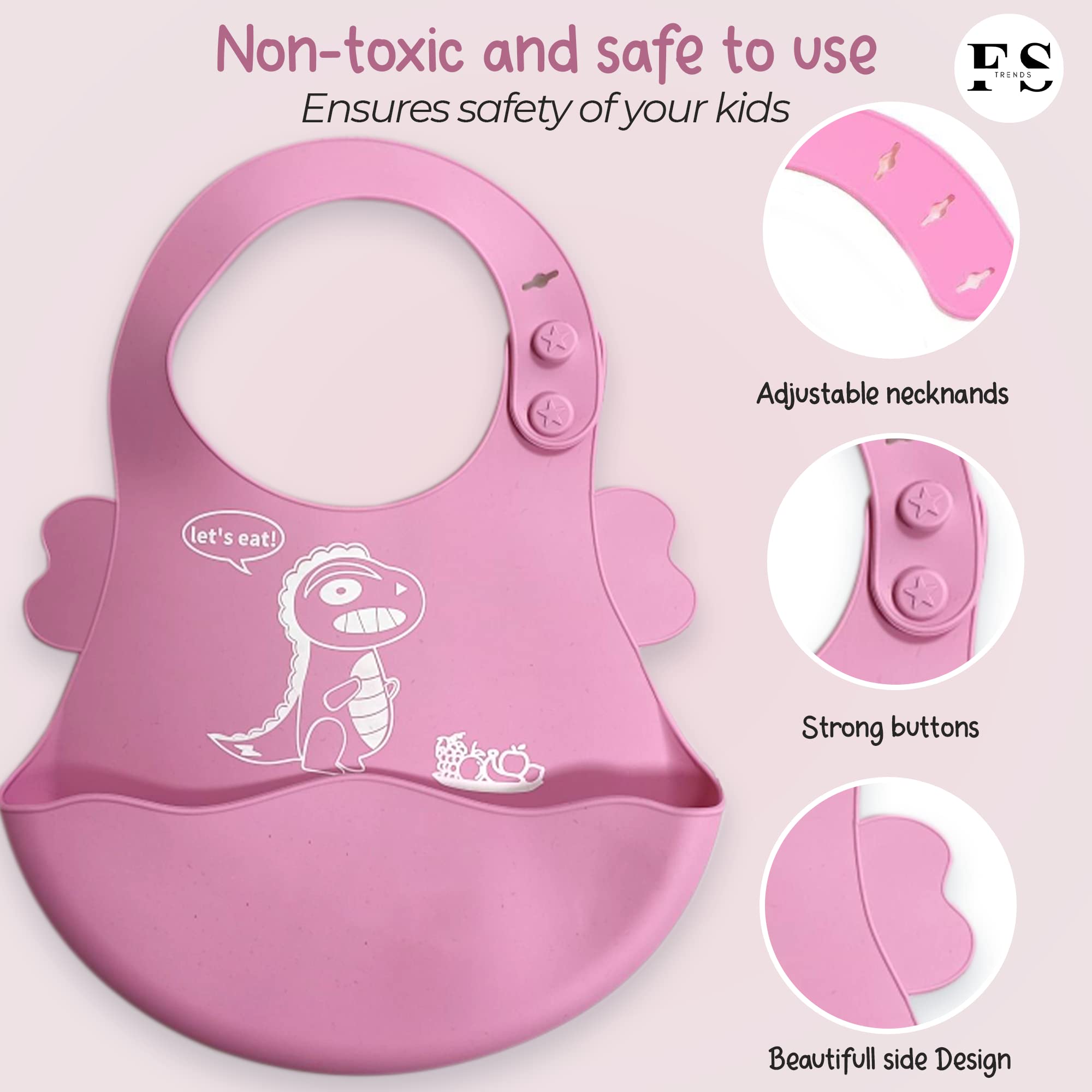 FS TRENDS Dinosaur Silicone Baby Feeding Set, 1pc Split Suction Plate, 1pc Adjustable Bib, 1pc Spoon, 1pc Fork, 1pc Straw, Baby Guided Weaning Supplies Automatic Feeding Tools – Green