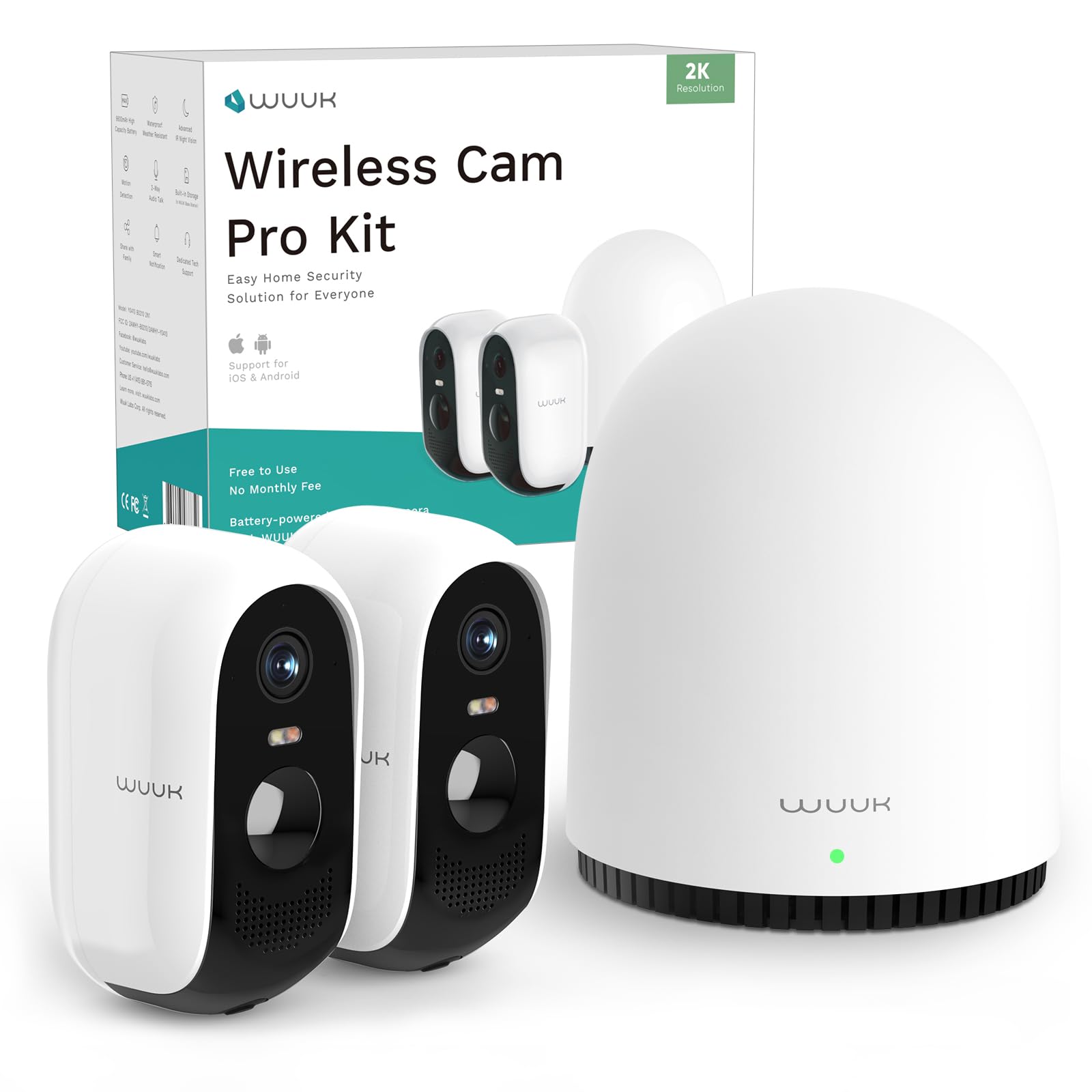 WUUK 2K Security Cameras Wireless Outdoor System, 2-Cams Kit, Homebase Support Up to 8 Cams, Home Cam with 240 Days Battery Life, AI Humanoid Alert, Compatible with Alexa/Google, IFTTT, No Monthly Fee