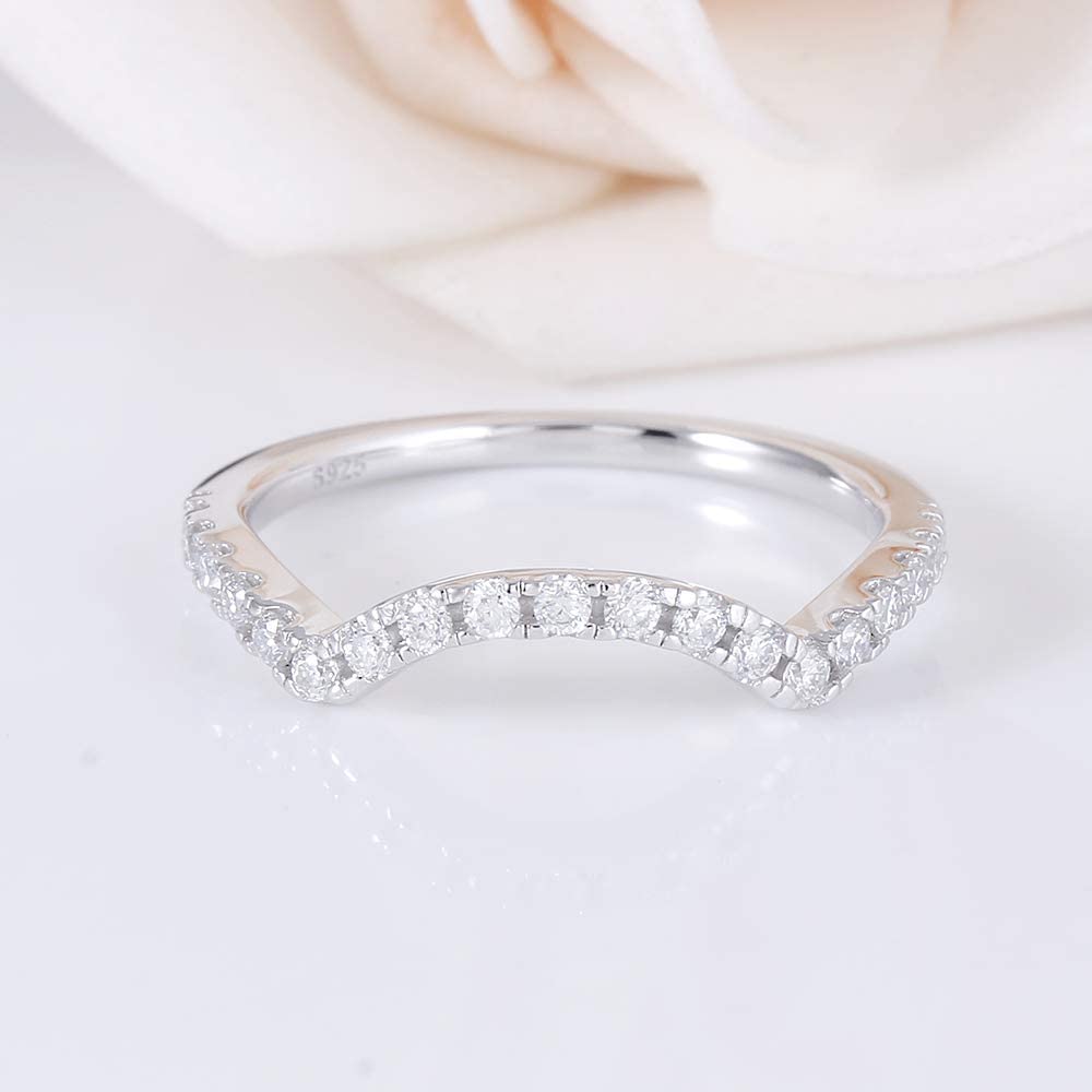 DovEggs Moissanite Wedding Band Half Eternity for Women 1.5mm G-H-I Color Heart Arrows Cut Moissanite Stackable Curved Half Band Anniversary Ring 14k Gold QUALITY Silver(8)