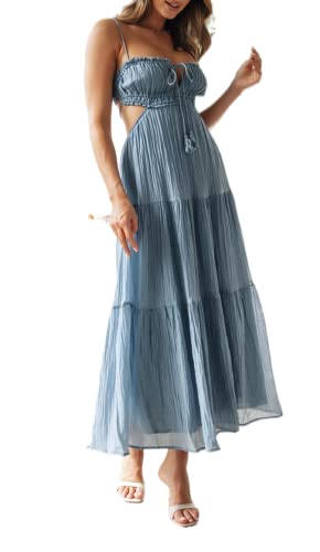Women Y2k Bodycon Long Dress Spaghetti Strap Low Cut Dress Sexy Backless High Split Maxi Dress Clubwear Z-Blue
