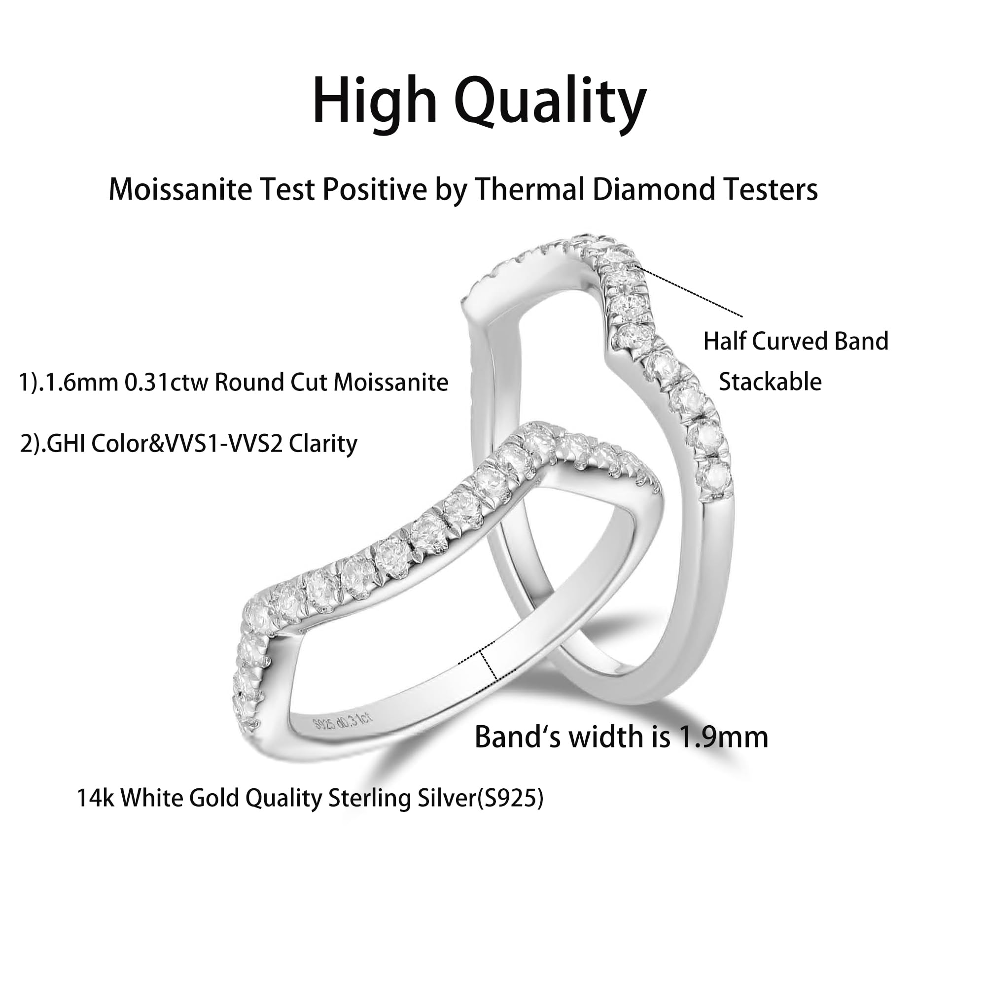 DovEggs Moissanite Wedding Band Half Eternity for Women 0.31ct GH Color Heart Arrows Cut Moissanite Stackable Curved Anniversary Ring 14k Gold QUALITY Sterling Silver(Wedding Band Only 6)