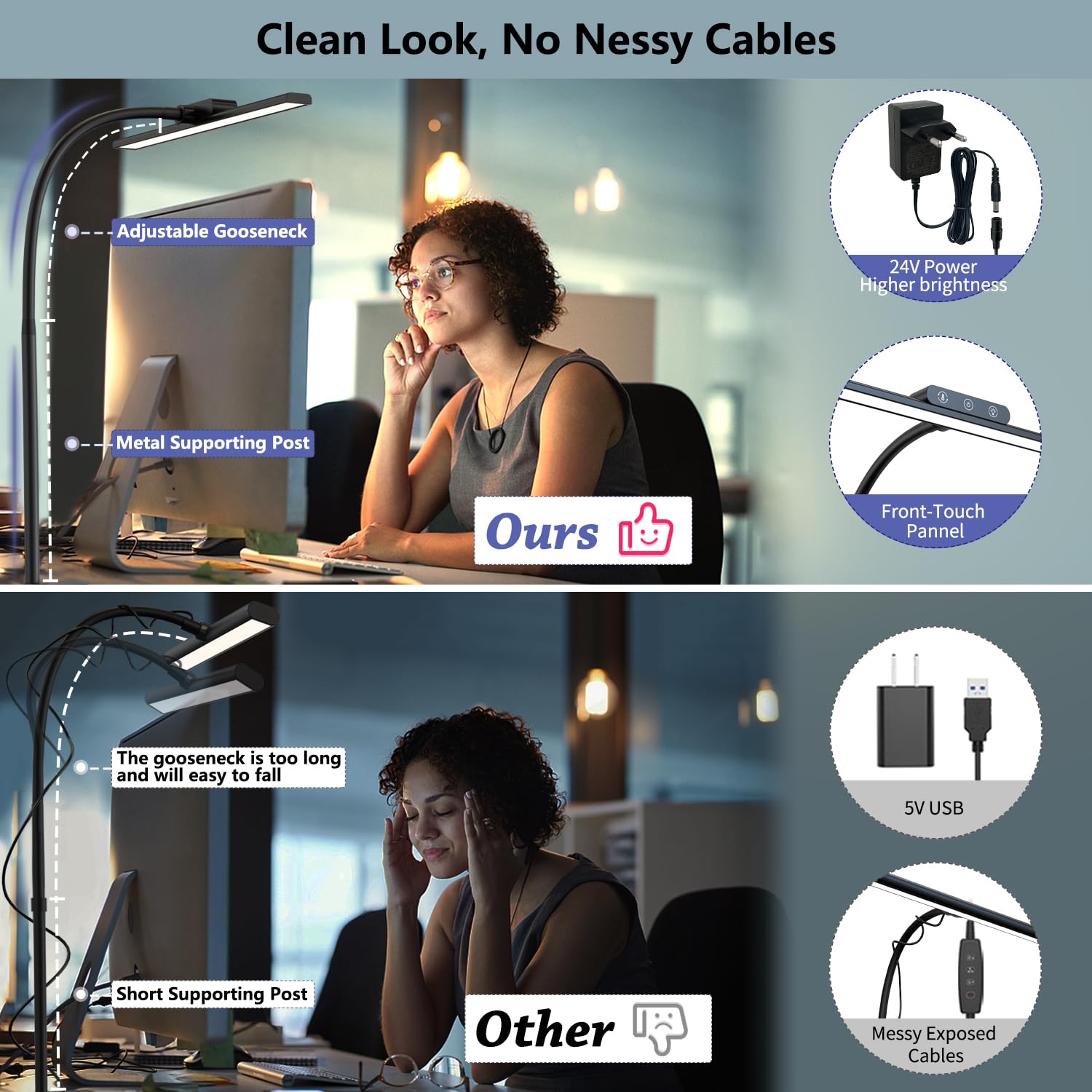 EppieBasic Desk Lamp with Clamp, 24V Led Desk Light Touch Control, Eye Care Architect Office Lamp 4 Color Modes, Adjustable Flexible Gooseneck Table Light for Home Office Study Reading