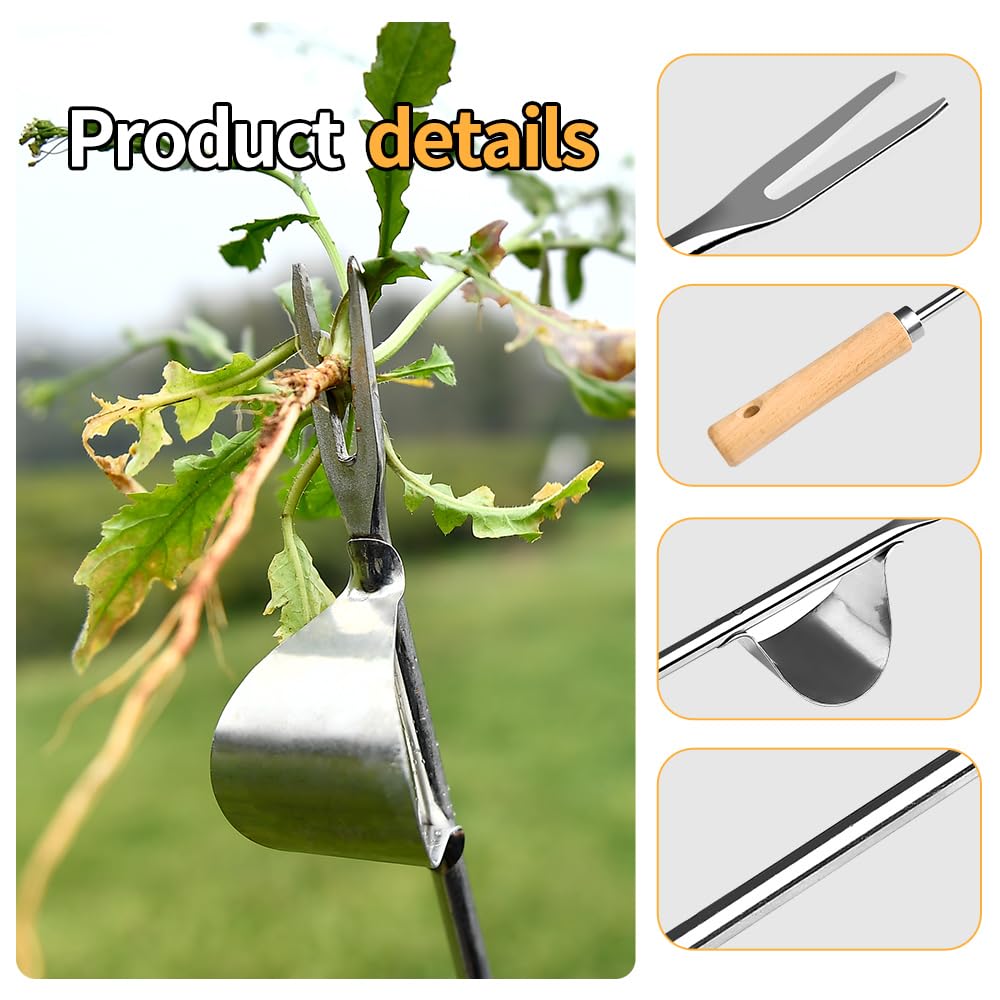 GANCHUN Hand Weeder Tool, Stainless Steel 2 Pcs Weeder Tool for Garden and Farm,Weeding Tool for Gardening,Garden Weeder, Weed Pulling Tool, Weed Puller Tool(Wooden Handle)…