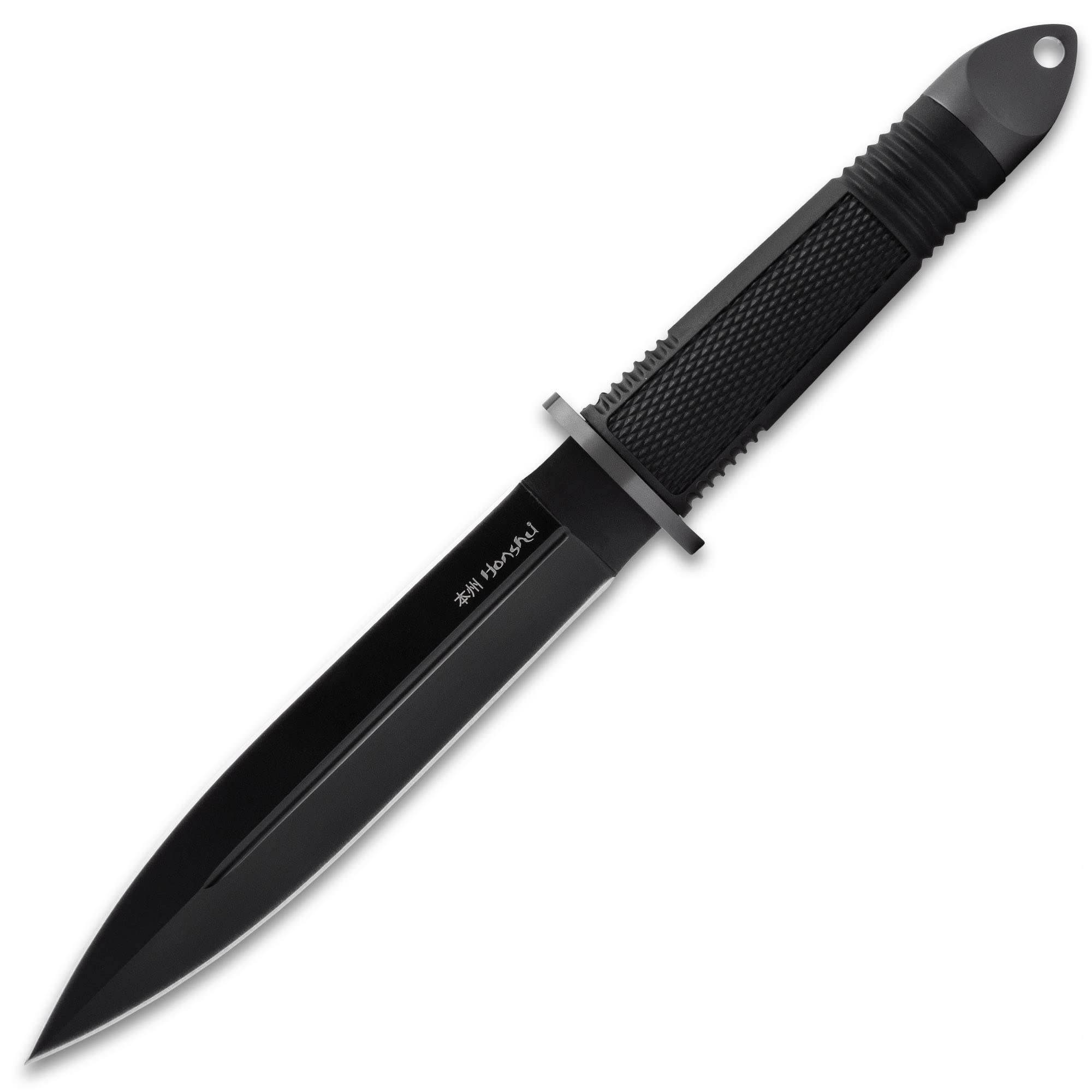 HONSHU Midnight Forge Fighter Knife and Leather Belt Sheath - Stainless Steel Blade, Double-Edged, Rubberized Grip, Steel Guard and Pommel, Non-Reflective Fixed Blade for Tactical Use - Length 13 1/4ā