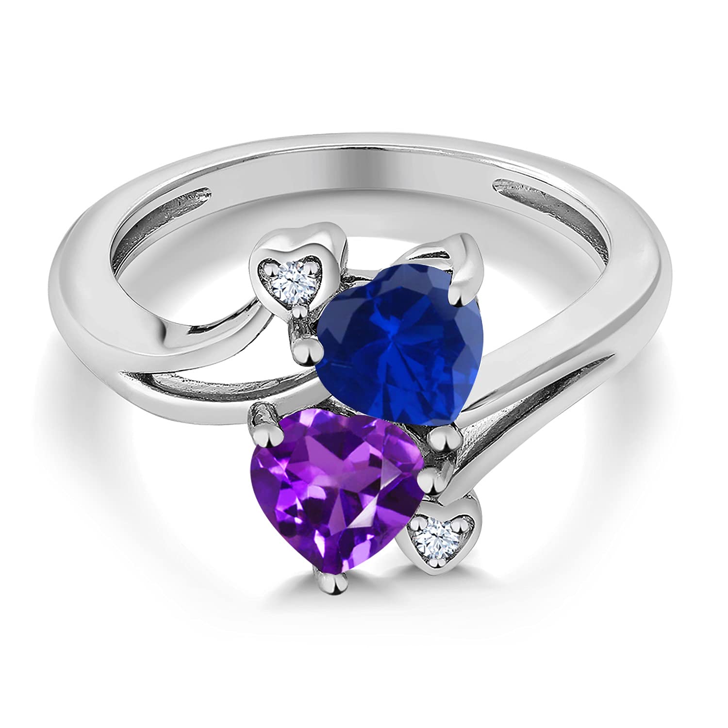 Gem Stone King 925 Sterling Silver Blue Created Sapphire Purple Amethyst Ring For Women (1.48 Cttw, Heart Shape 6MM, Gemstone September Birthstone, Available In Size 5, 6, 7, 8, 9)