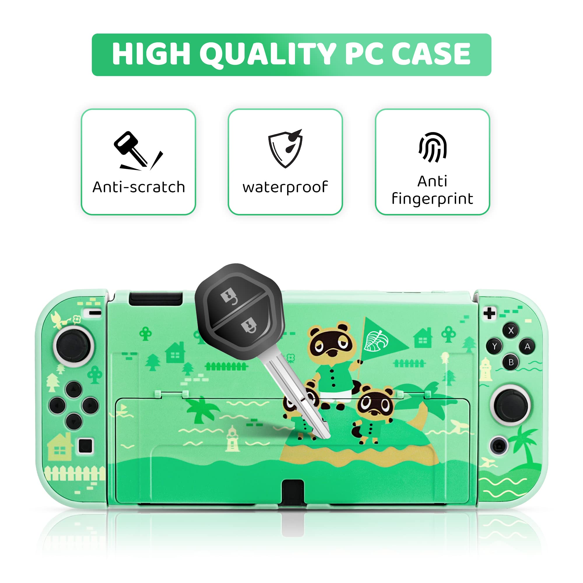GLDRAM Cute Case Compatible for Nintendo Switch OLED Cover, Green Protective Case for Switch OLED Console and Joy Con Controller, Hard PC Shell with 2 Thumb Grip Caps - for Animal Crossing Island