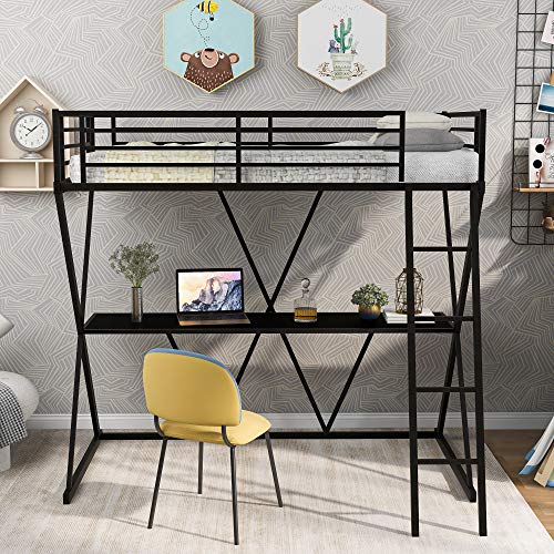 Twin Loft Bed with Desk, Loft Bed with Ladder and Full-Length Guardrails, X-Shaped Frame,Maximum Weight of 220 lb, Black(New)
