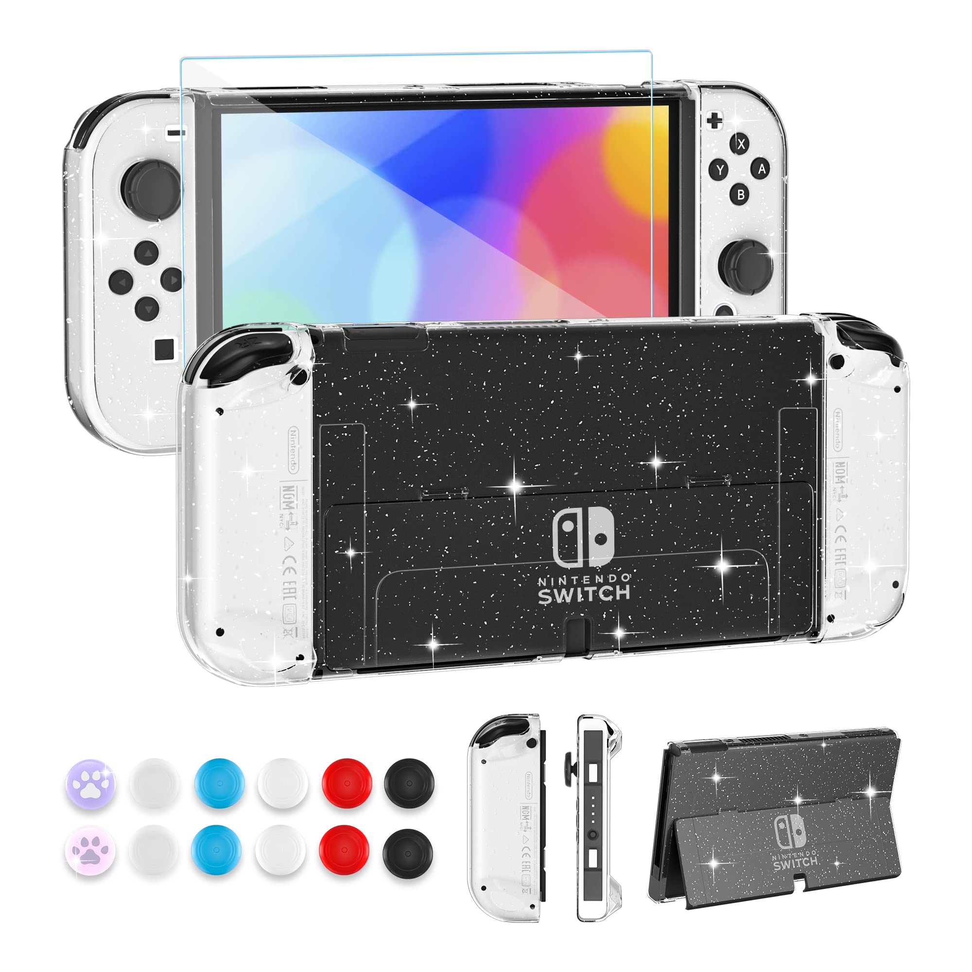 GLDRAM Glitter Case for Nintendo Switch OLED Model 2021 with Screen Protector and 12 PCS Thumb Caps, Clear Protective Hard Cover for Switch OLED Console & JoyCon - Ultra-Slim & Flip Shell