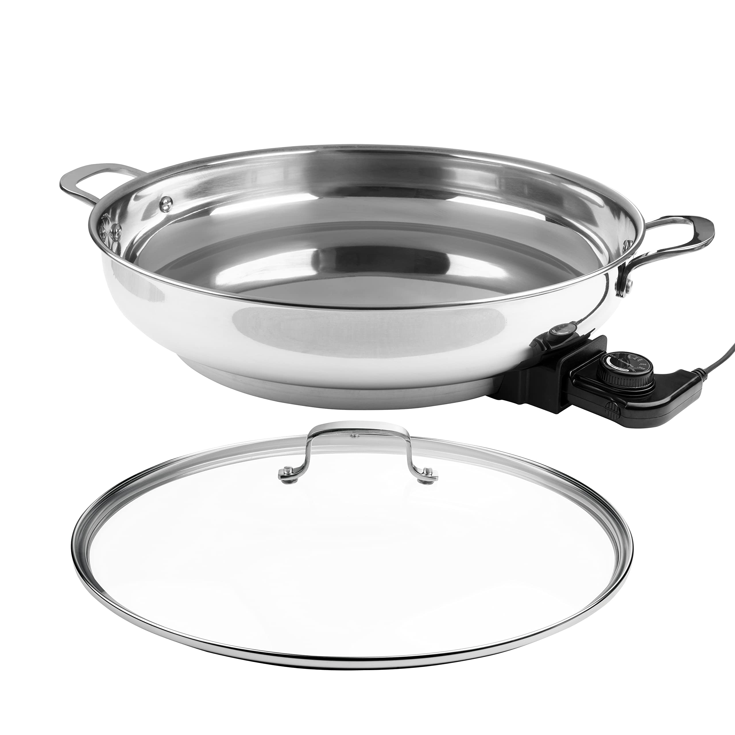 Electric Skillet By Cucina Pro - 18/10 Stainless Steel Frying Pan with Tempered Glass Lid and Handle, 16" Round with Adjustable Temperature Control Probe, Portable, Includes Recipe Guide, Great Gift