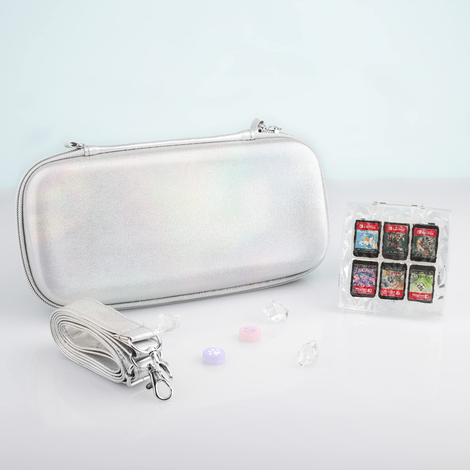 GLDRAM Glitter Carrying Case Bundle for Nintendo Switch & OLED, Accessories Kit with Protable Silver Switch Travel Case, Shoulder Strap, Clear Diamond Game Card Case Holder and Thumb Grip Caps