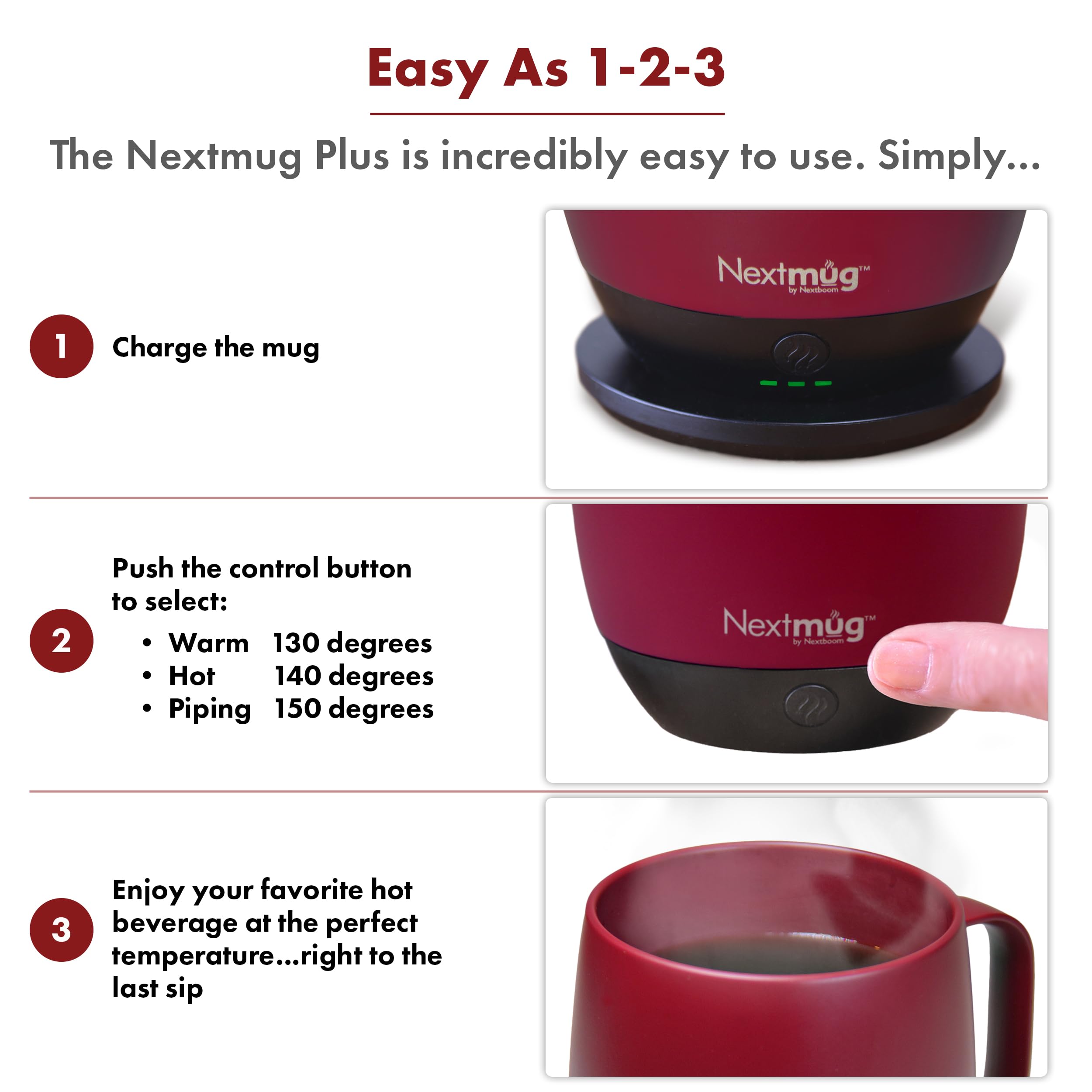 Nextmug Plus - Temperature-Controlled, Self-Heating Coffee Mug (Burgundy - 18 oz.)