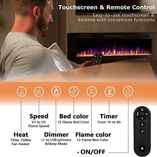 Vitesse 50 inch Ultra-Thin Electric Fireplace in-Wall Recessed and Wall Mounted Fireplace Heater,Linear Fireplace with Multicolor Flame,Timer,Low Noise,750/1500W,Touch Screen & Remote Control(50ββ)