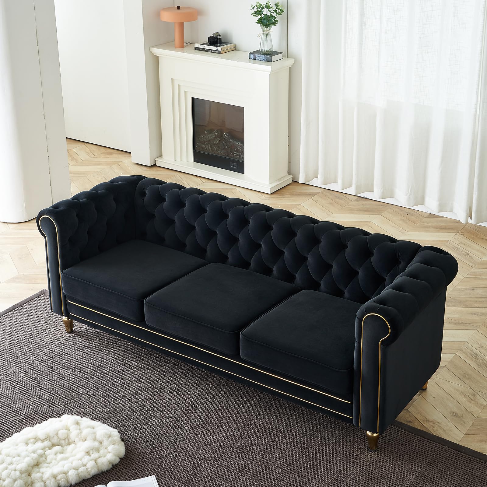 Neylory Modern Velvet Sofa Couch for Living Room,85 Inch 3 Seater Chesterfield Couches with Button Tufted Back and Roll Arms,Upholstered Sofas for Bedroom,Apartment,Office (Black)