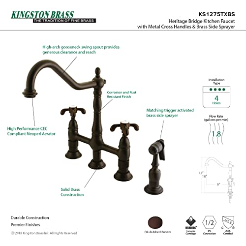 Kingston Brass KS1275TXBS French Country Bridge Kitchen Faucet, 8-3/4-Inch, Oil Rubbed Bronze