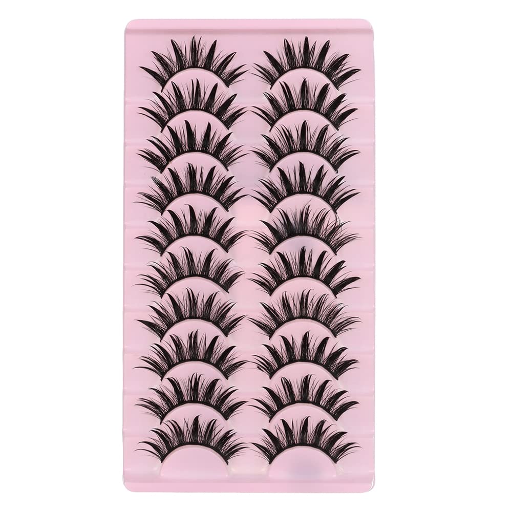 DSLONG 10 Pairs Manga Lashes Wet Look Lashes Effect Cat Eye Lashes Extension Fluffy Spiky Mink Lashes Japanese Cosplay Styles Anime Fake Eyelashes Reusable