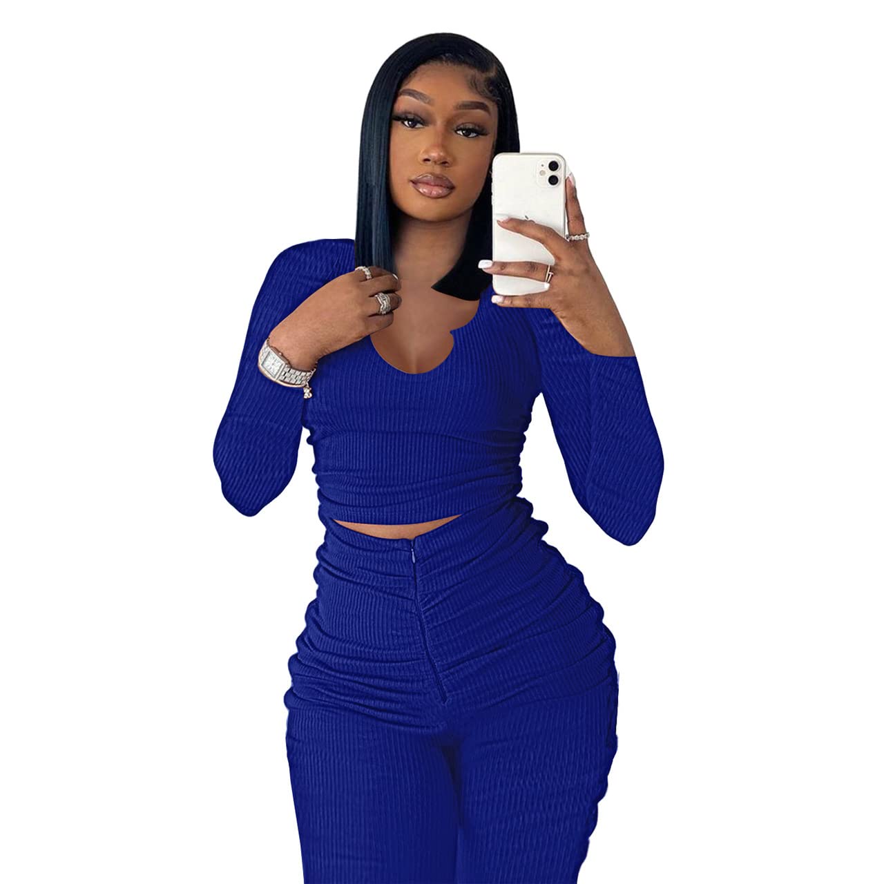 GEMEIQ Women’s 2 piece workout sets Ribbed Long Sleeve Crop Tops High Waist Leggings Active Matching Gym Yoga Sets Blue L