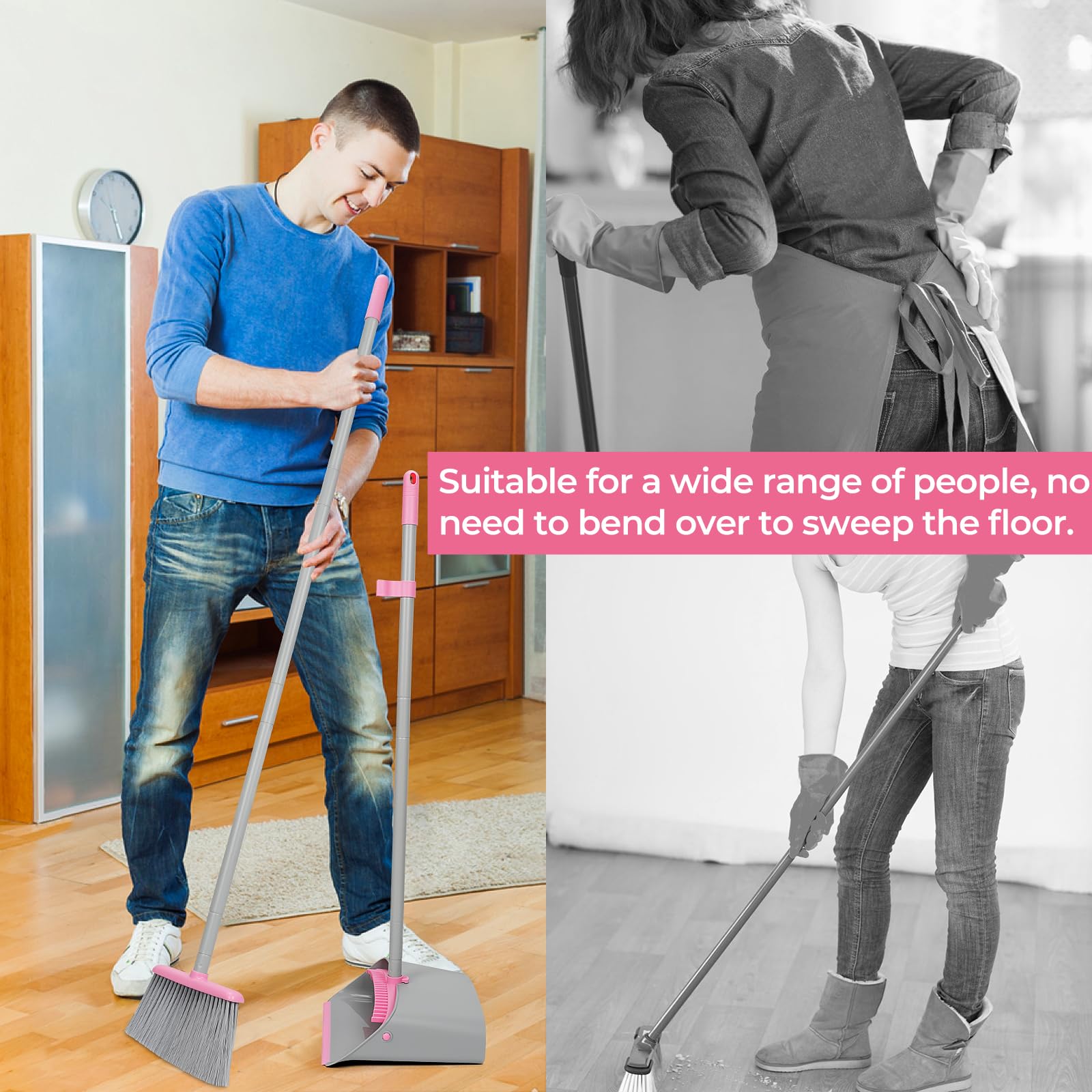 Pink Broom with Dustpan Combo Set,52" Brooms for Sweeping Indoor Broom and Dustpan Set for Home Kitchen Office Lobby Floor Standing Dust Pan